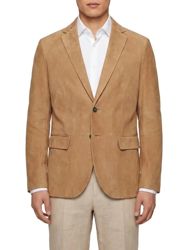BOSS Single-breasted Suede Blazer With High Collar And Flap Pockets - Beige