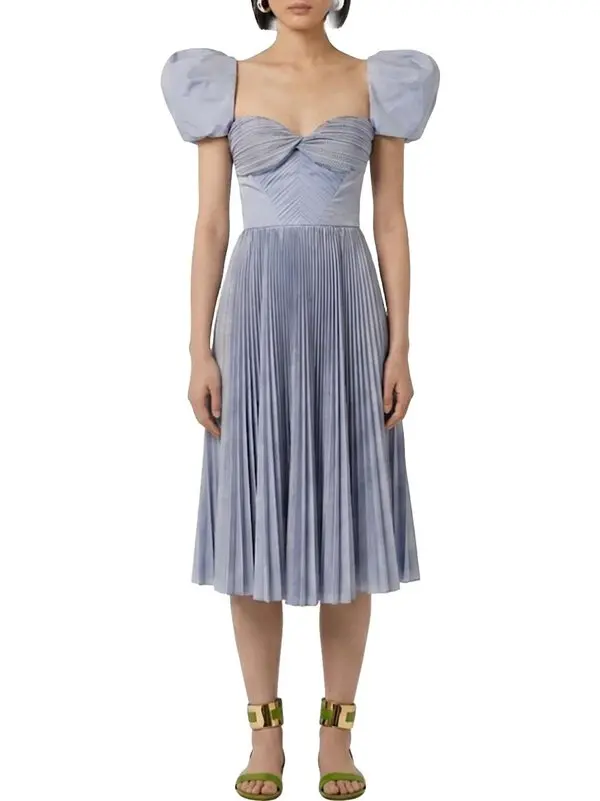 Elisabetta Franchi Pleated Crêpe Midi Dress With Puff Sleeves - Blue