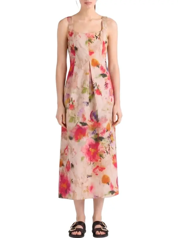 Momoni Floral Print Cotton A-line Midi Dress - Multicolor