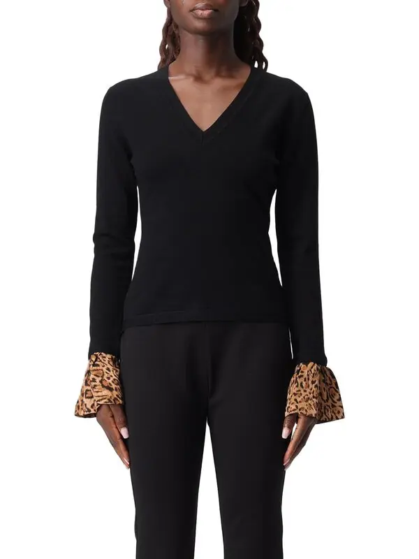 TWINSET V-neck Jumper With Flared Leopard Print Cuffs - Black