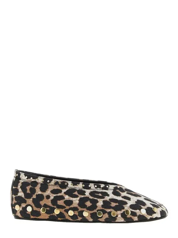 GANNI Leopard Print Cotton Ballet Flats With Stud Embellishments - Multicolor