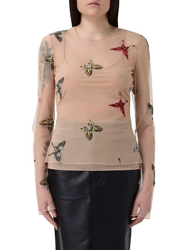 Blumarine Mesh Top With Embroidered Motifs - Camel
