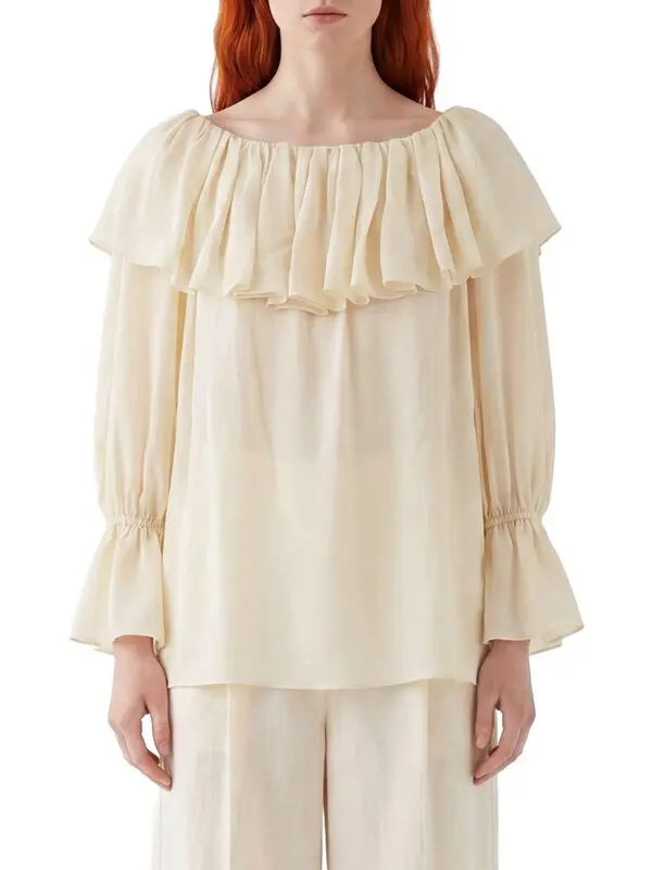 Chloé Balloon Sleeve Silk Blouse With Boat Neck And Ruffle Details - White