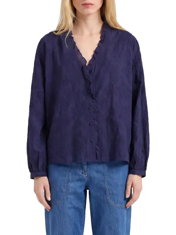 Momoni Relaxed Fit V-neck Cotton Voile Shirt With Dropped Shoulders - Navy