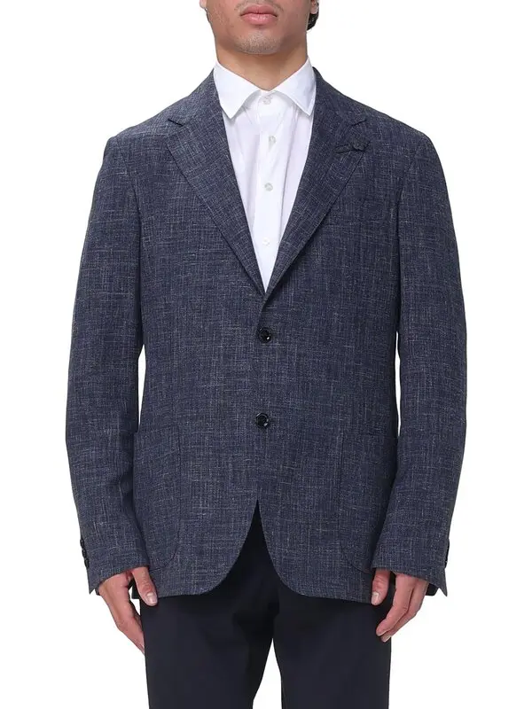 LARDINI Single-breasted Blazer In Wool Linen And Silk - Navy