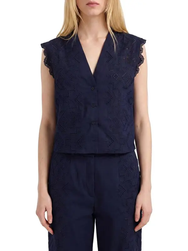 Momoni Sleeveless Embroidered Cotton Blouse - Blue