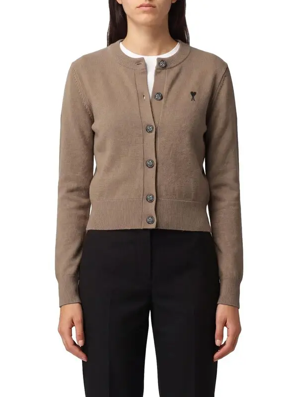 AMI Paris Cardigan With Embroidered De Coeur Motif - Camel