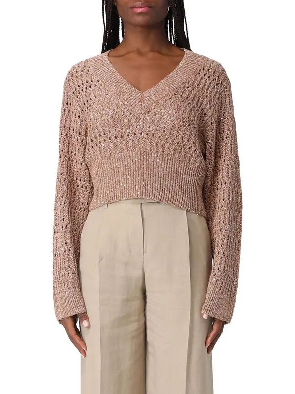 Brunello Cucinelli V-neck Sequined Knit Pullover - Burnt
