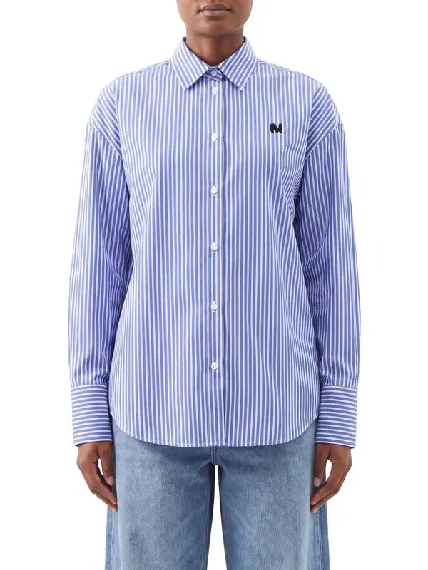 MSGM Relaxed Fit Striped Cotton Poplin Shirt With Embroidered Logo - Blue