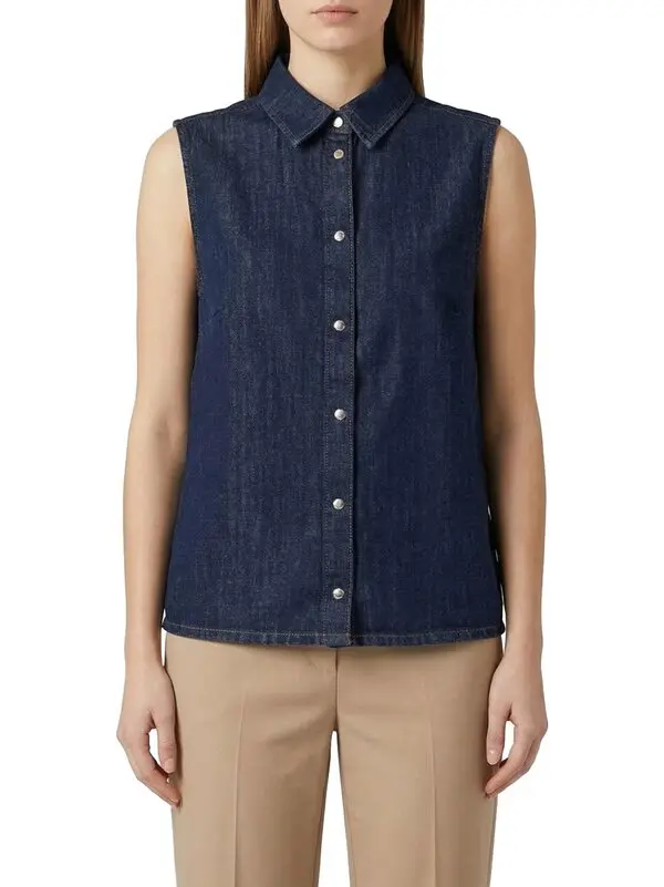 7 For All Mankind Sleeveless Denim Shirt With Spread Collar - Blue