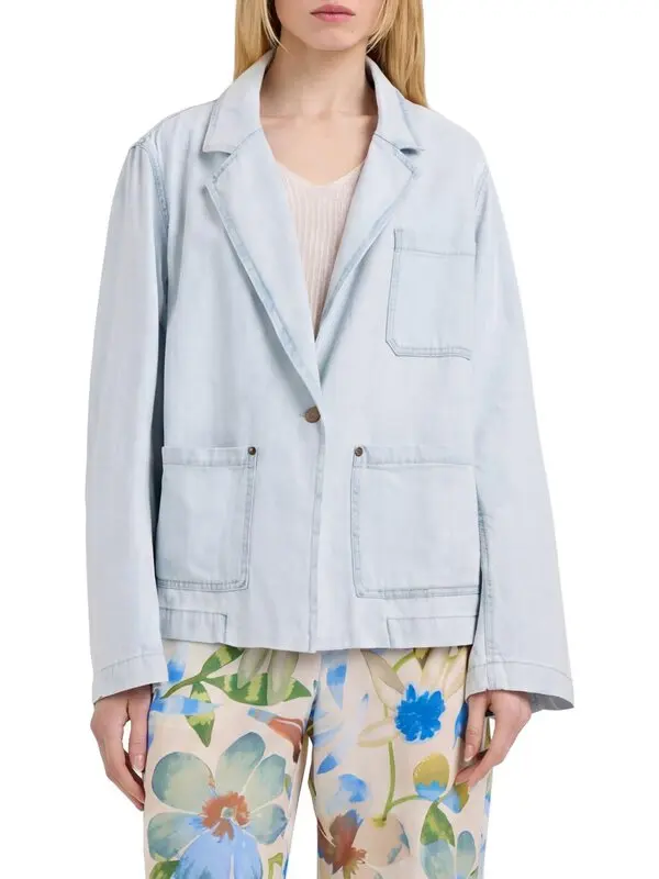 Momoni Bleached Stretch Cotton Denim Cropped Blazer - Gnawed Blue