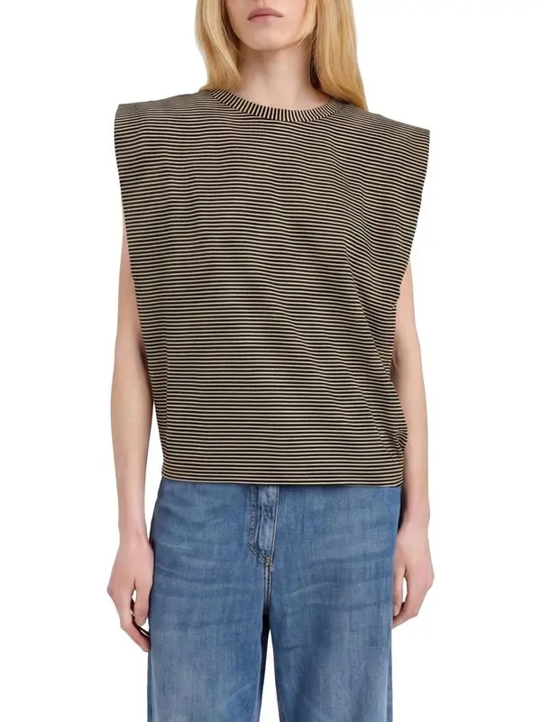 Momoni Cotton-blend T-shirt With Padded Shoulders And Cap Sleeves - Striped