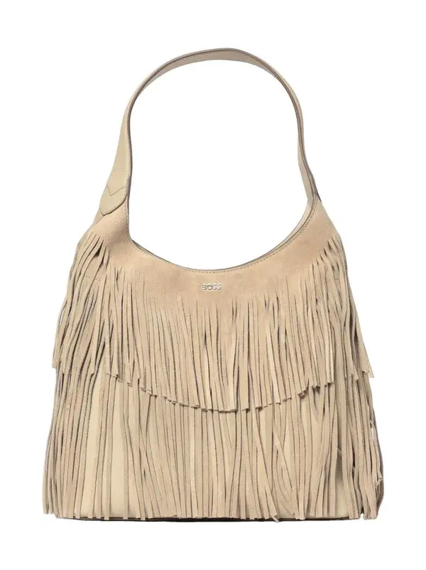 BOSS Lenah Fringed Suede Hobo Bag - Beige