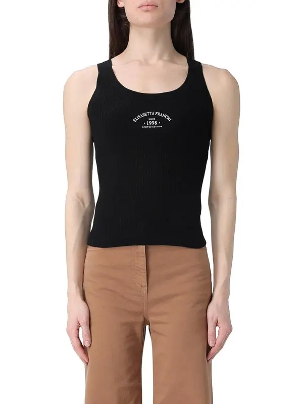 Elisabetta Franchi Ribbed Wool Tank Top With Logo - Black
