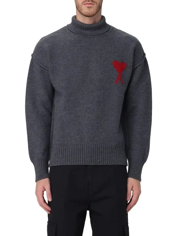 AMI Paris Wool Turtleneck Sweater With Jacquard Logo - Grey