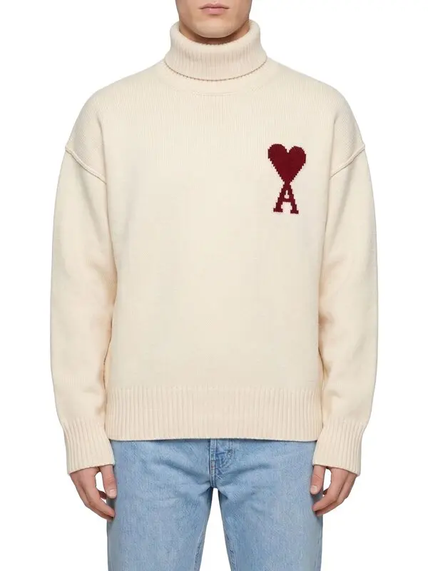 AMI Paris Turtleneck Jumper With Heart Logo - White
