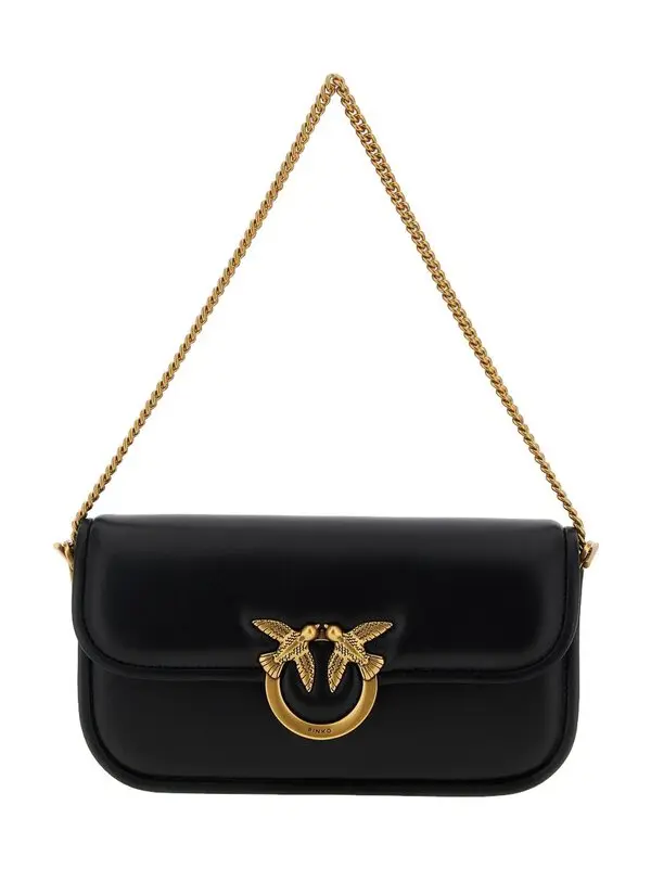Pinko Leather Shoulder Bag With Gold Tone Chain - Black