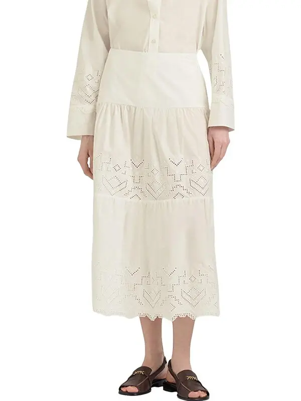 Momoni A-line Cotton Midi Skirt With Lace Inserts - Cream