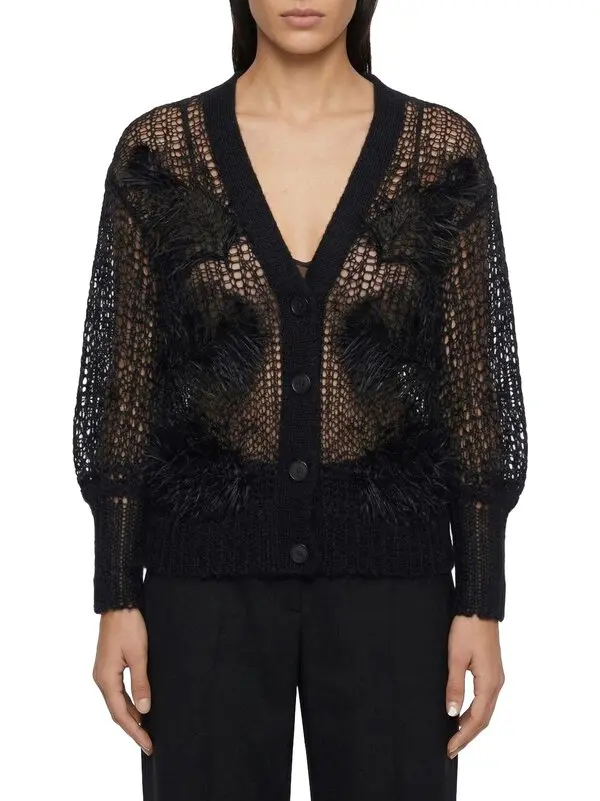 Attico Openwork Wool Blend Cardigan With Feather Embellishments - Black