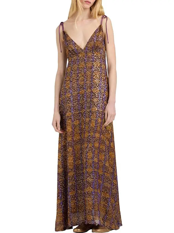 Momoni Abstract Print Maxi Dress With Tie-up Shoulder Straps - Leather