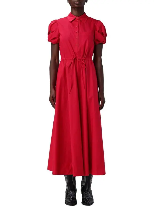 TWINSET Stretch Cotton Midi Dress With Short Sleeves And Belt - Red