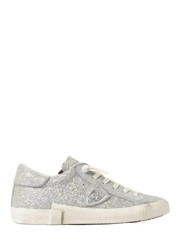 Philippe Model Low-top Leather And Fabric Glitter Sneakers With Embroidery - Silver
