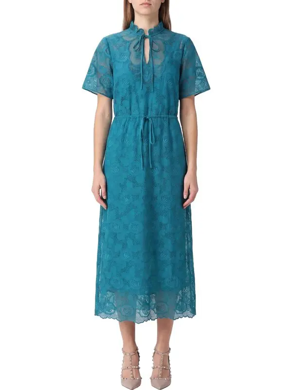 Valentino Garavani High-neck Midi Dress In Cotton Lace - Blue