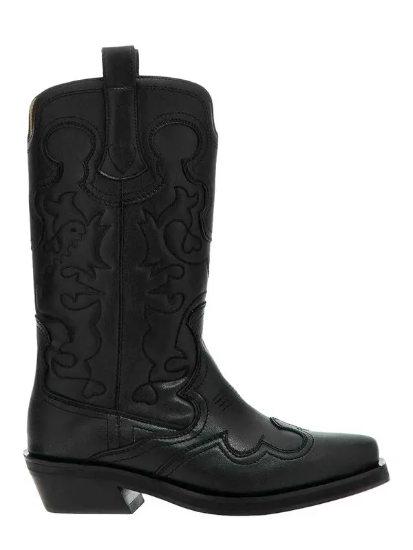 GANNI Embroidered Western Boots - Black