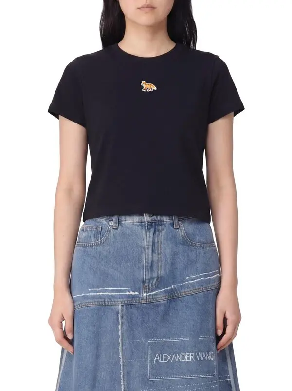 Maison Kitsuné Cotton Cropped T-shirt With Embroidered Logo - Black