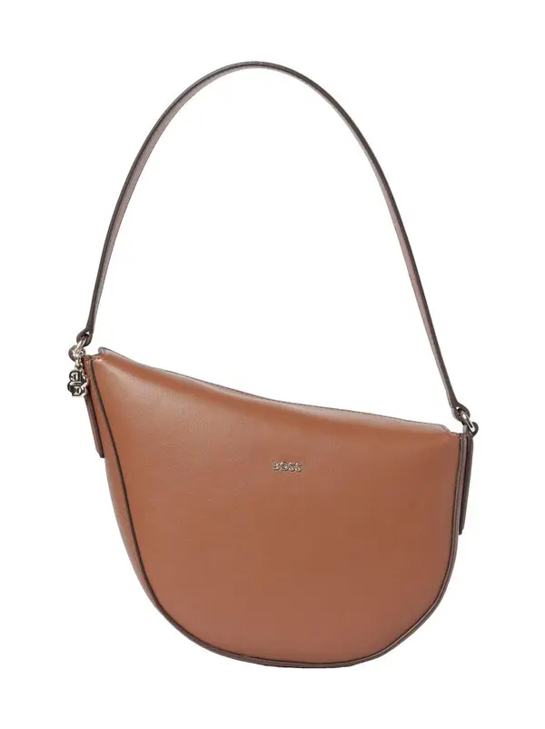 BOSS Smooth Bovine Leather Hobo Bag With Flap Closure And Metal Logo Detail - Brown