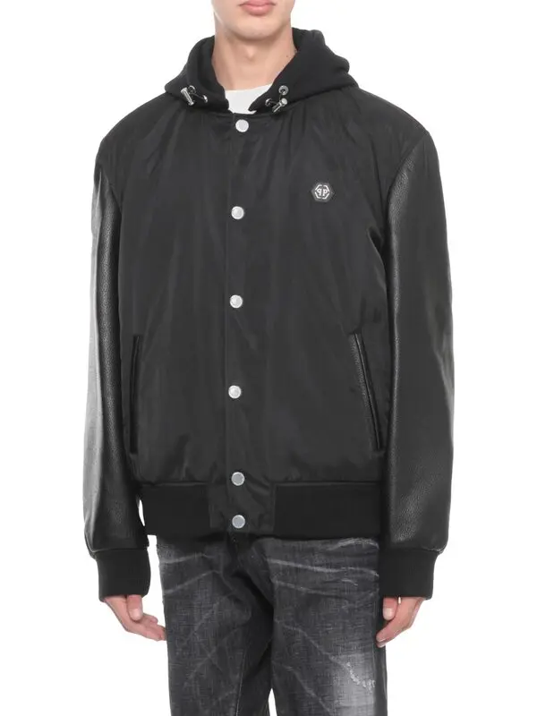 Philipp Plein Bomber Jacket With Leather Sleeves - Black