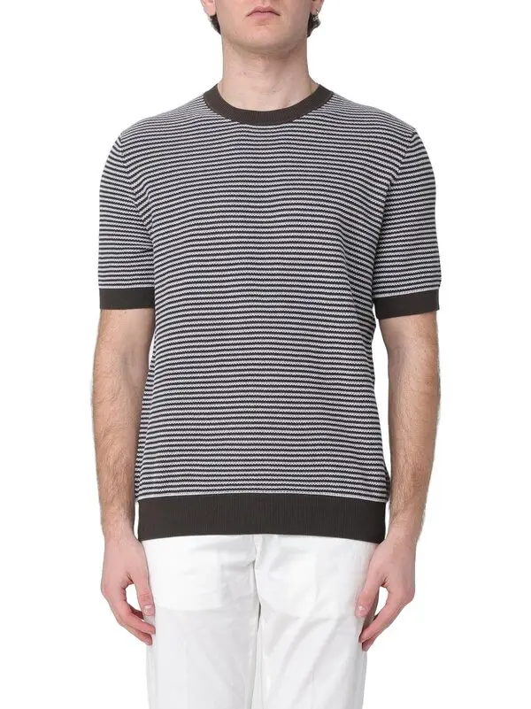 KANGRA Striped Cotton Crew Neck Knitwear - Coffee