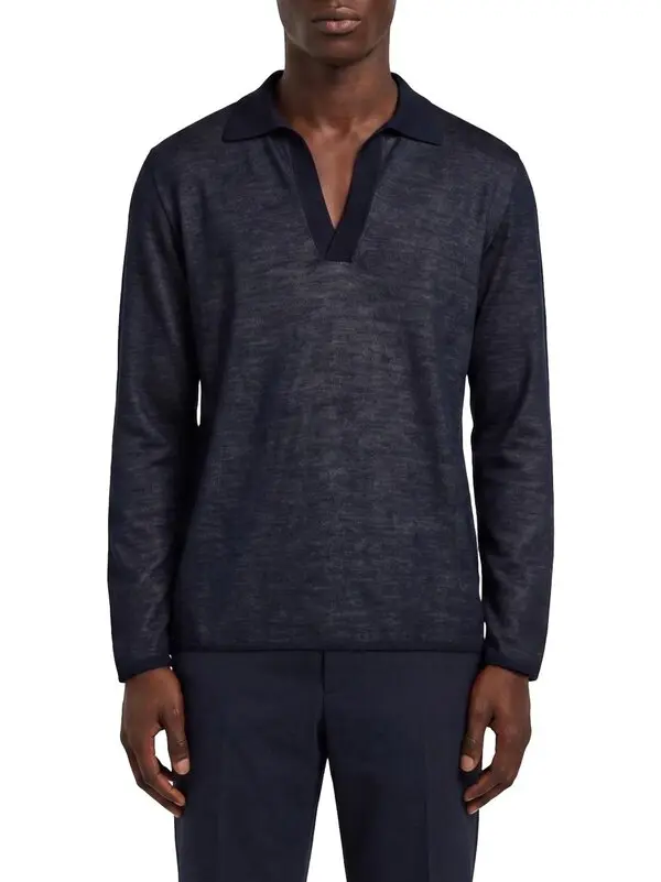 FERRAGAMO Long-sleeved Silk Polo With V-neck - Navy