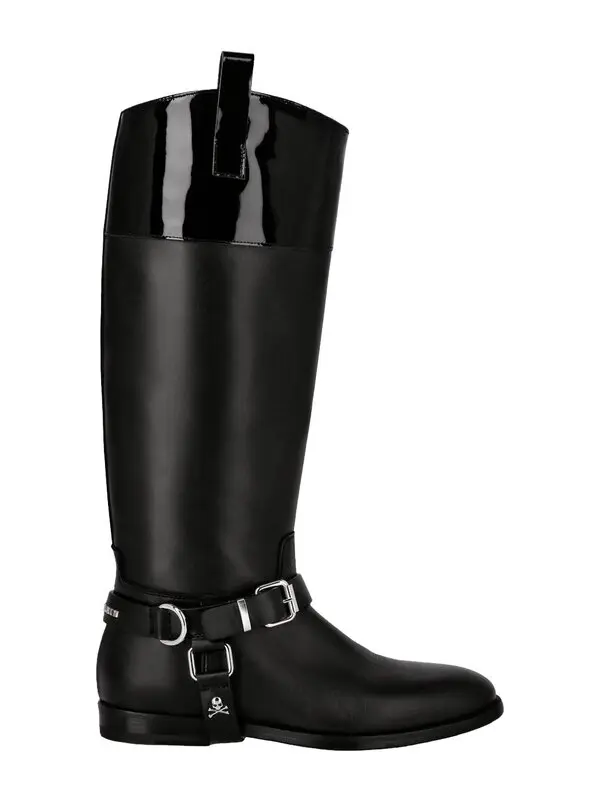 Philipp Plein Smooth Leather Knee-high Boots With Applied Logo - Black