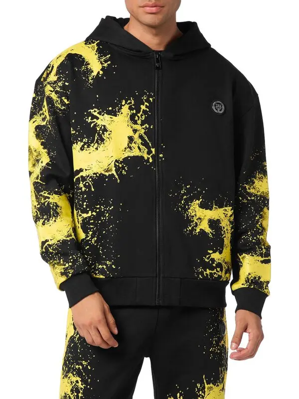 PLEIN SPORT Jersey Abstract Print Zip-up Hooded Sweatshirt - Black