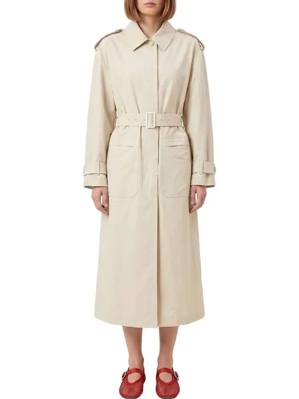 Maison Kitsuné Long Cotton Denim Trench Coat With Belt - Beige