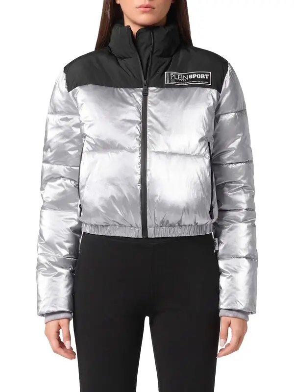 PLEIN SPORT Bi-quilted Nylon Short Puffer Jacket With High Collar - Silver