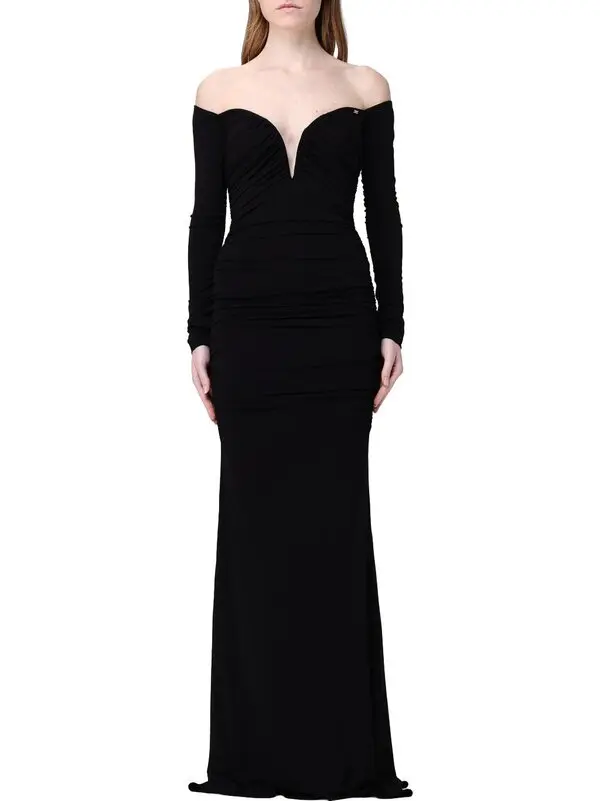 Elisabetta Franchi Off-shoulder Plunge Gown - Black
