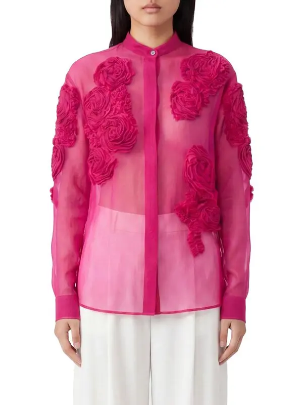 Dries Van Noten Long-sleeve Viscose Shirt With Floral Appliqu - Fuchsia