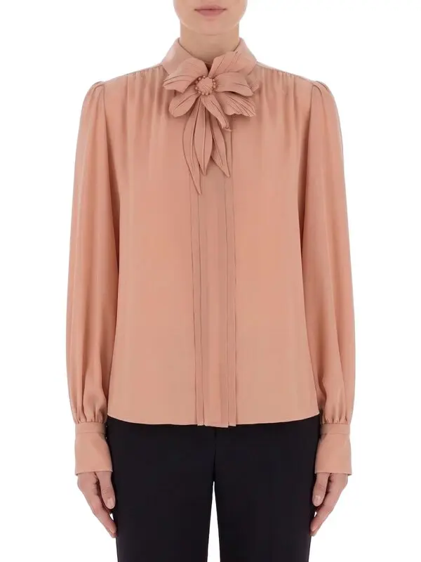 Valentino Garavani Pussy-bow Silk Shirt With Floral Appliqu - Pink