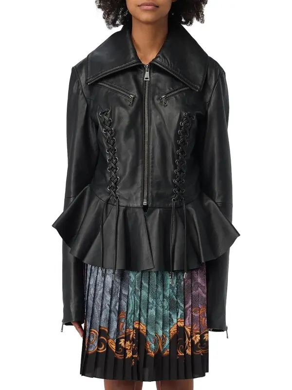 Versace Leather Jacket With Lace-up Detailing - Black