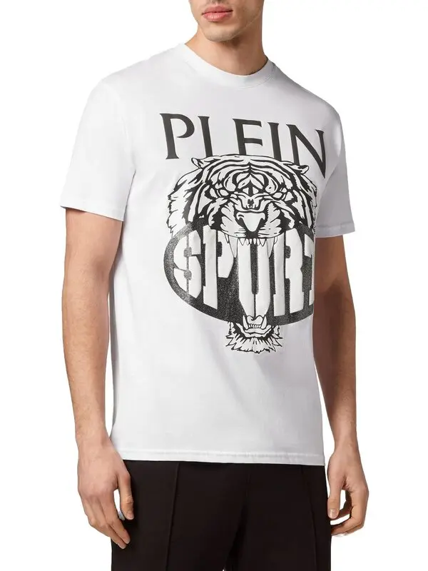 PLEIN SPORT Slim Fit Cotton T-shirt With Contrast Graphic Print - White