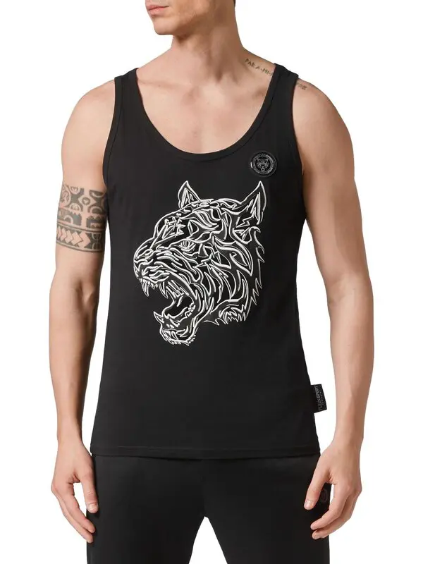 PLEIN SPORT Slim Fit Cotton Tank Top With Graphic Logo Print - Black