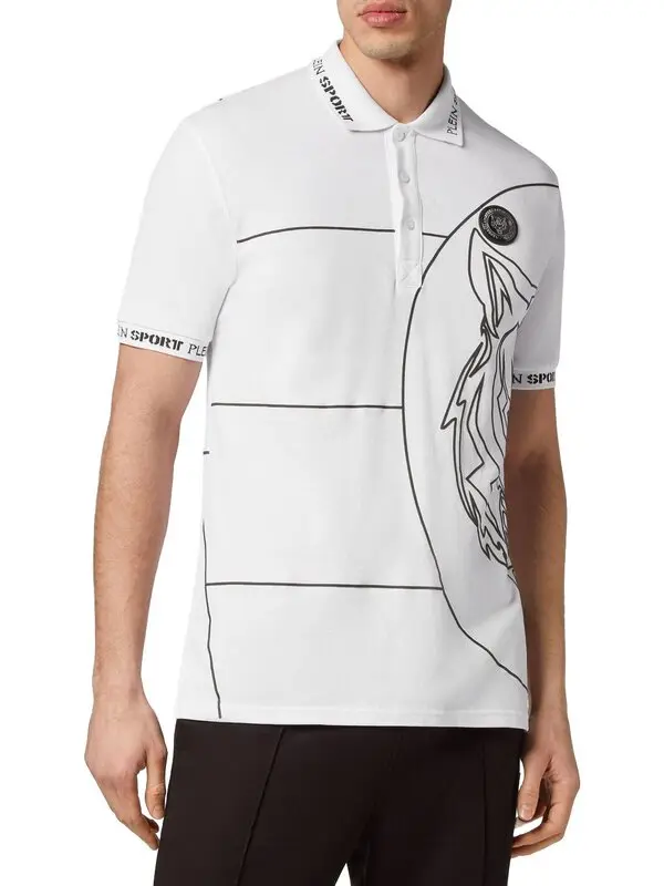 PLEIN SPORT Slim Fit Short-sleeve Cotton Polo With Printed Hexagon Logo - White