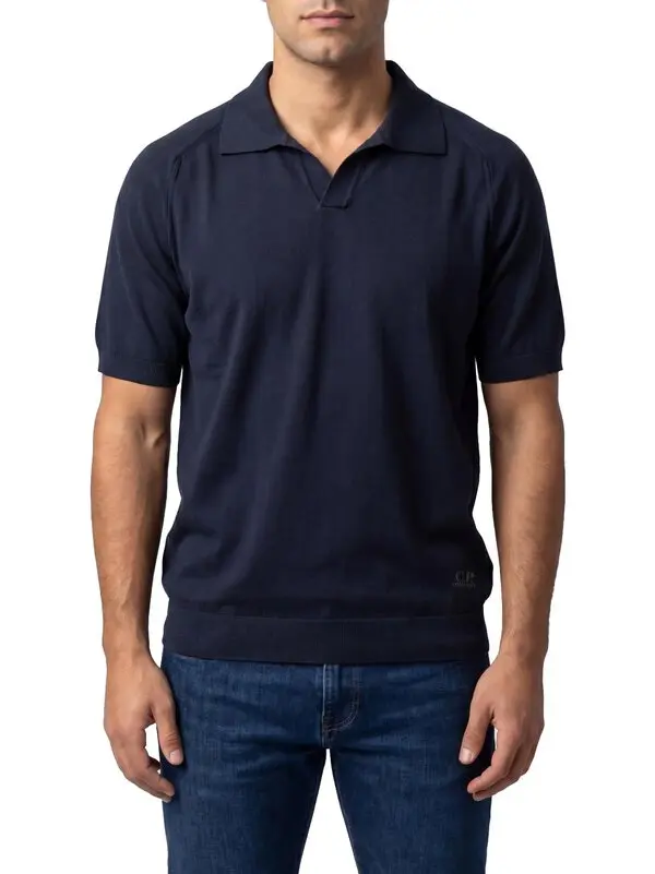 C.P. COMPANY V-neck Cotton Knit Polo Shirt - Navy