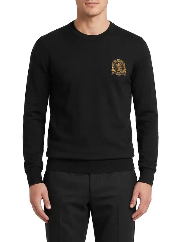 Dolce & Gabbana Crewneck Sweater In Pure Virgin Wool With Logo Crest - Black