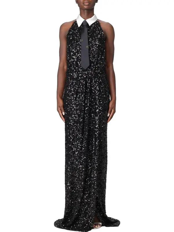 Elisabetta Franchi Sequin Gown With Tie Detail - Black