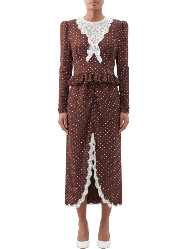 Alessandra Rich Polka Dot Silk Midi Dress - Brown