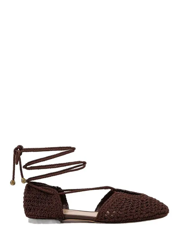 TWINSET Crochet Polyester Ballet Flats With Ankle-tie Ribbons - Coffee