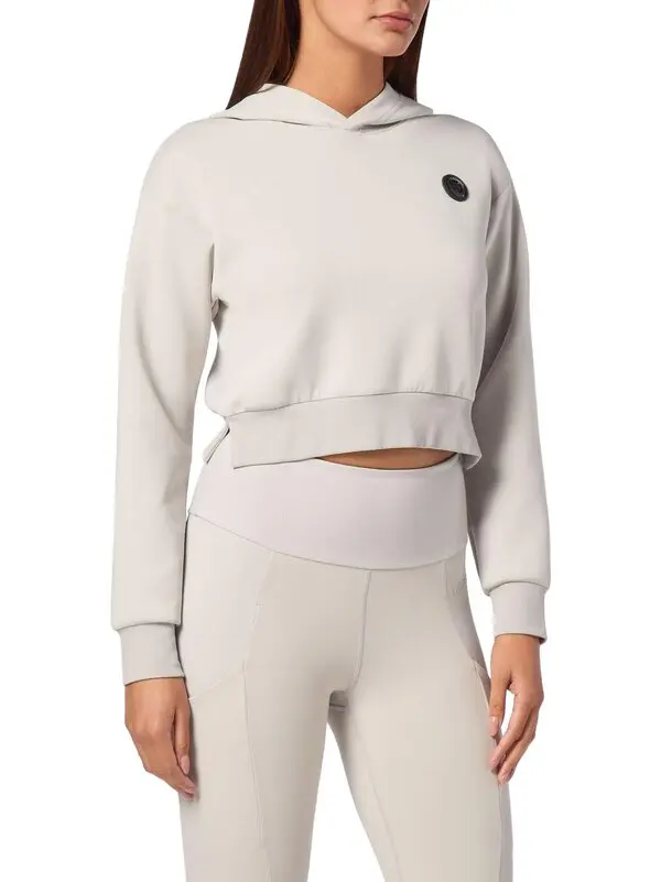 PLEIN SPORT Cropped Hooded Jersey Sweatshirt With Contrasting Logo - Grey